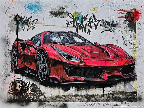 Red Ferrari Urban Supercar - Original Mixed Media Car Painting, 18" x ...
