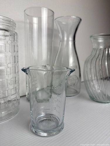 Mixed Lot of 6 Clear Glass Containers: Vases, Jar, Carafe, Beaker ...