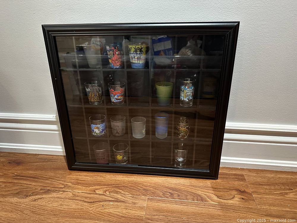 Black MDF glass front wall display case | Maxsold