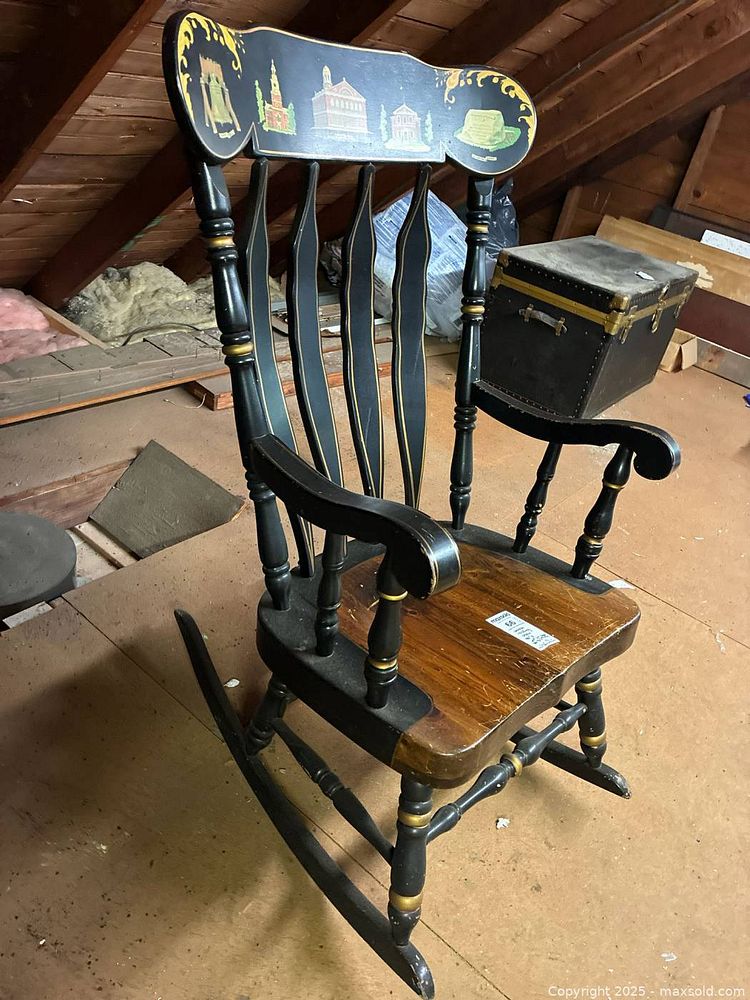 Hitchcock-Style Boston/New England Themed Black Rocking Chair with Gold ...