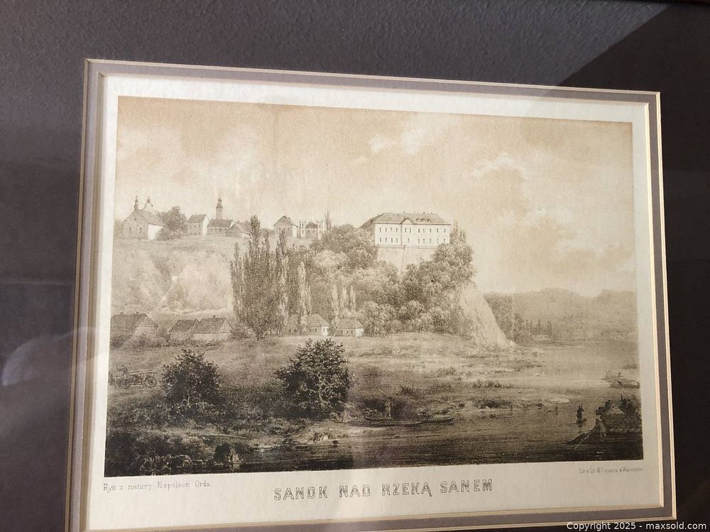 VERY RARE. Antique Lithograph titled "Sanok nad rzeką Sanem" by Polish ...