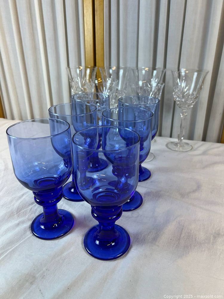 Mixed Lot: Cobalt Blue Goblets & Clear Cut Glass/Crystal Stemware ...