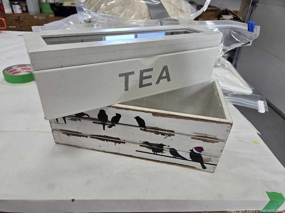 Wood tea box and bird print crate | Maxsold