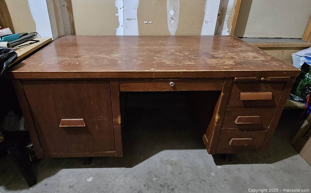 Vintage solid wood pedestal office desk | Maxsold