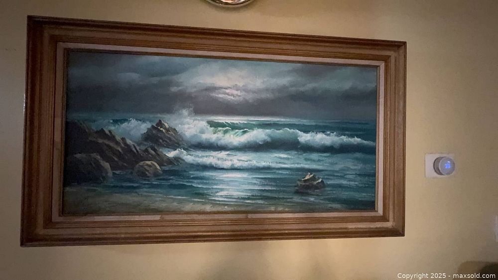 Jensen oil on canvas coastal seascape 4x5 ft framed | Maxsold