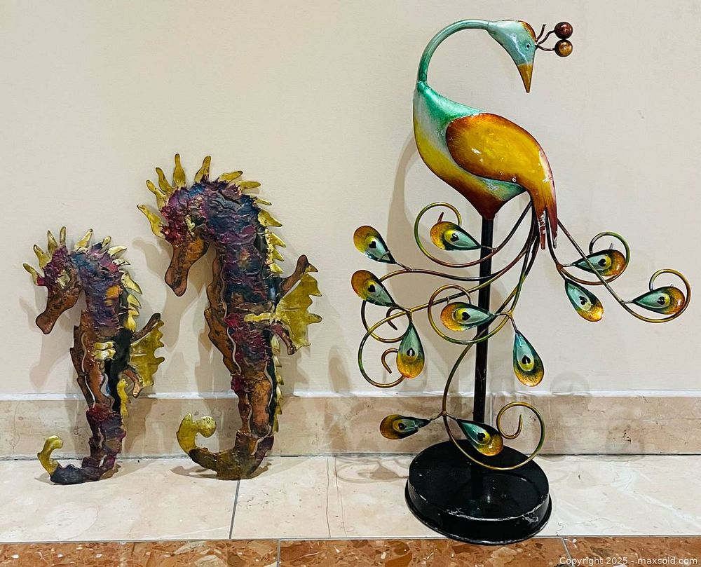 Enameled Mixed Metal Peacock Sculpture And Pair Seahorse Wall Plaques ...