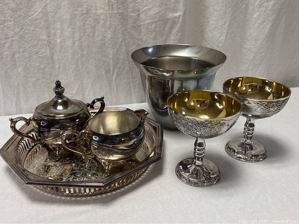 Silver-Plated Tea Service, Tray, Ice Bucket, Gold-Lined Goblets | Maxsold