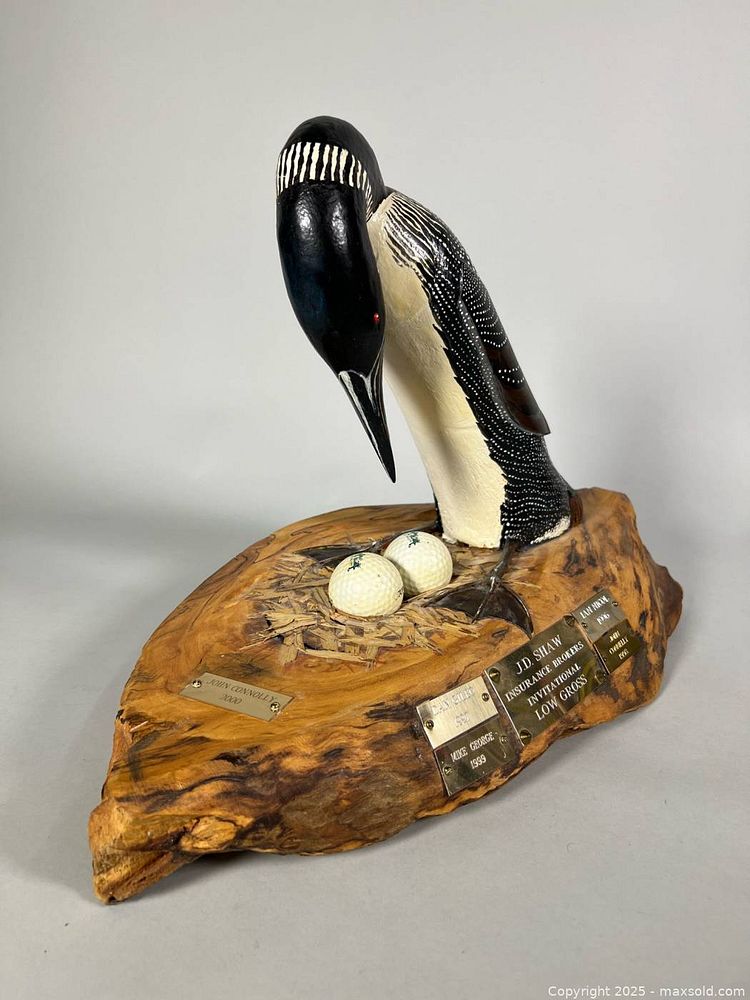 Handcrafted Painted Wood Loon Sculpture On Live Edge Base | Maxsold