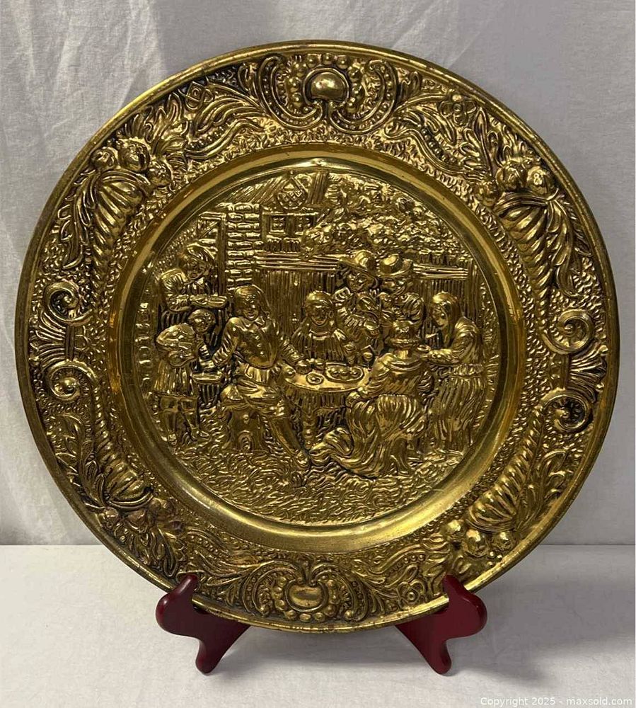 Vintage Brass Embossed Tavern Scene Wall Plate | Maxsold