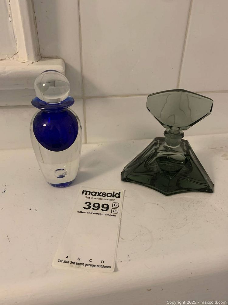 Cobalt blue and smoky grey art glass perfume bottles | Maxsold