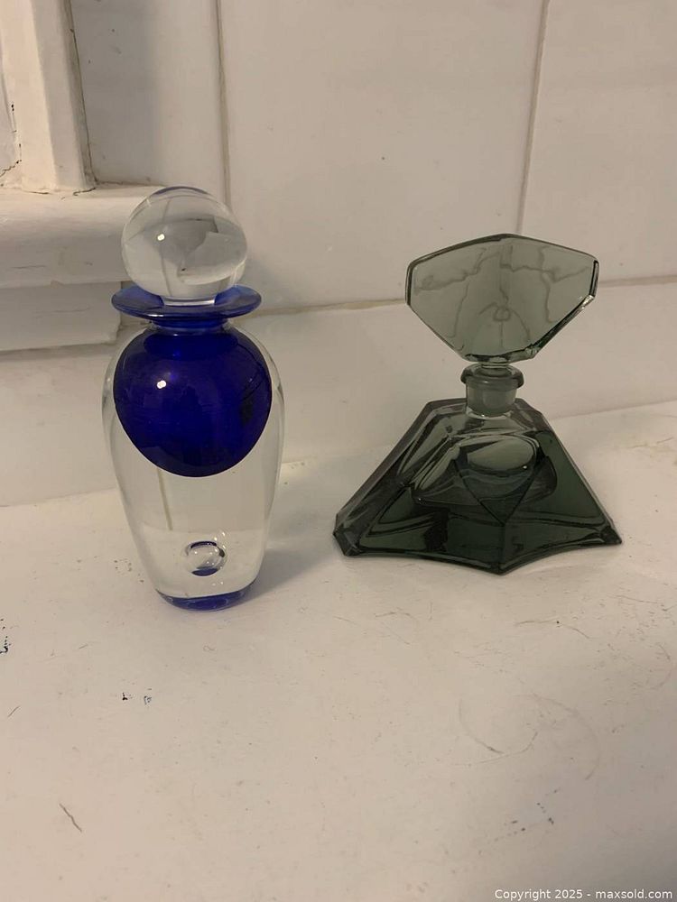 Cobalt blue and smoky grey art glass perfume bottles | Maxsold
