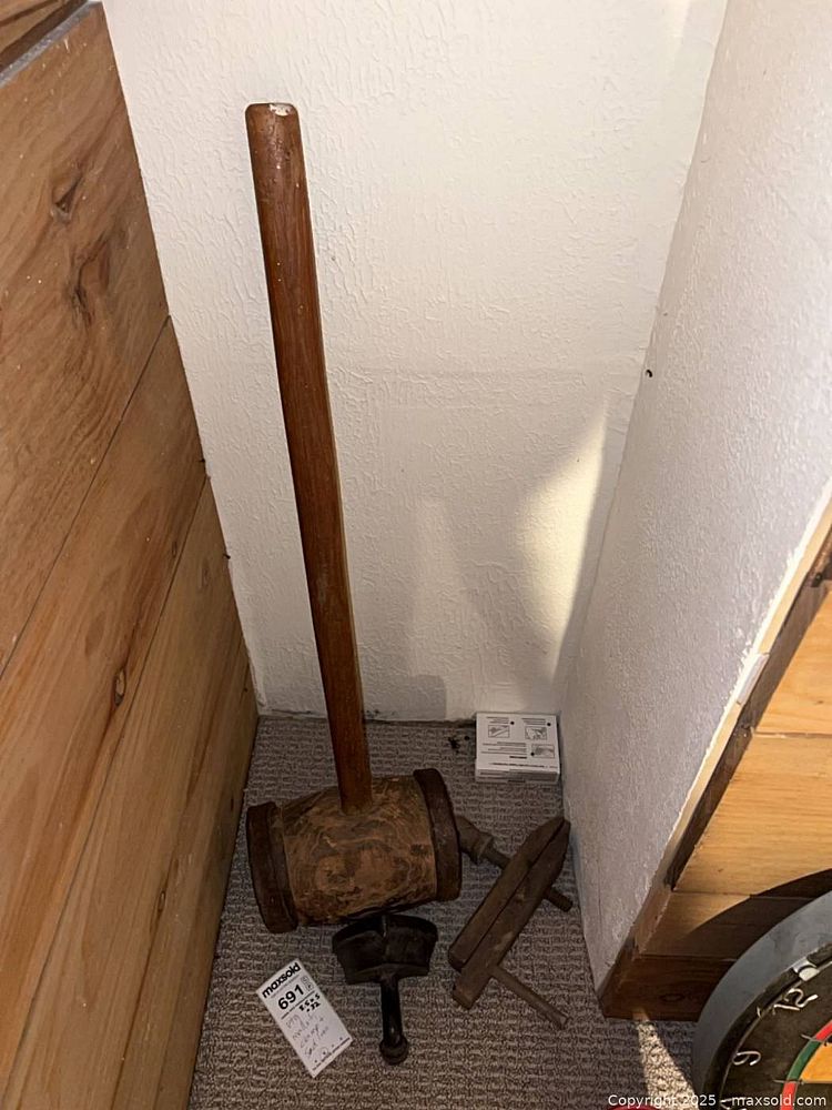Vintage wood mallet, sad iron, wood clamp | Maxsold