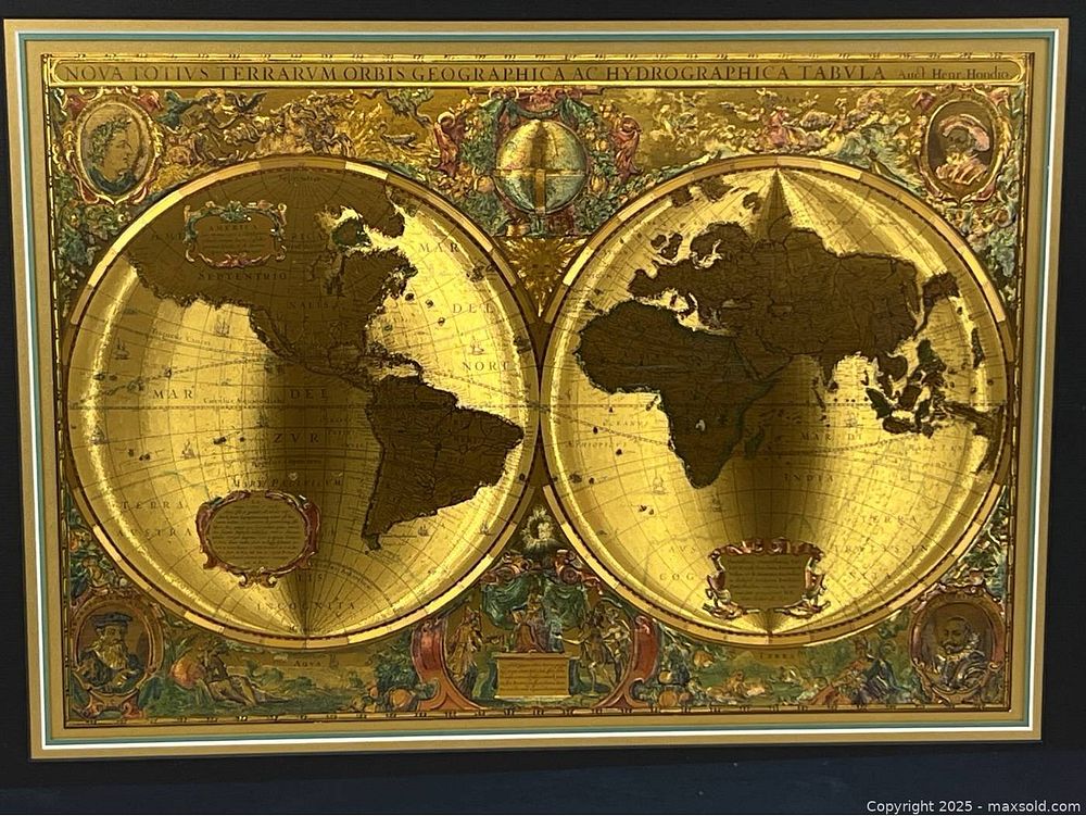Framed metallic print of 1630 world map | Maxsold