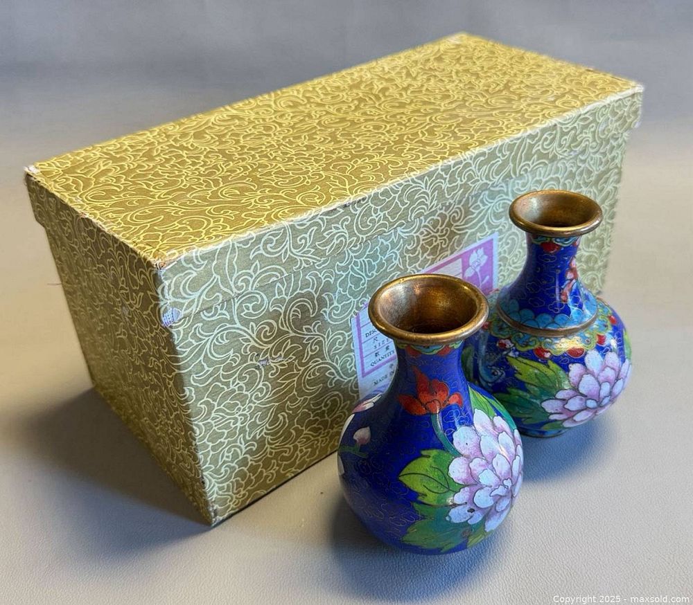 (3) Vintage Asian Cloisonné Vases ( One with base in original box ...