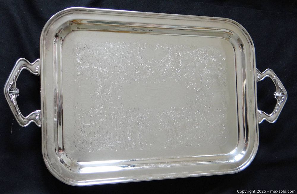 Rectangular silver plated etched design serving tray with handles - vintage | Toronto (Ontario ...
