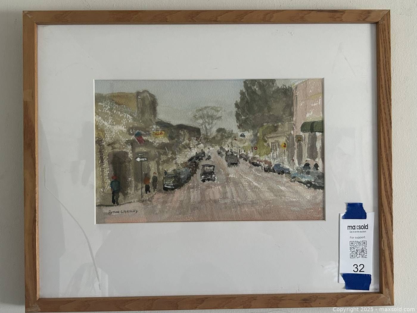 Framed watercolor "Main Street, Cambria" by Peter Worsley 2001 | Maxsold