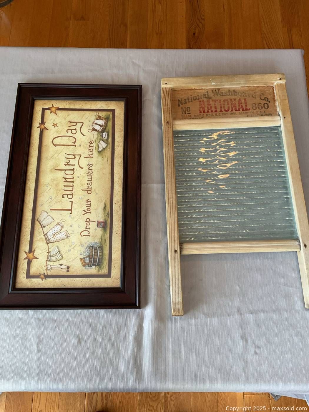Farmhouse laundry décor set with washboard and framed sign | Maxsold