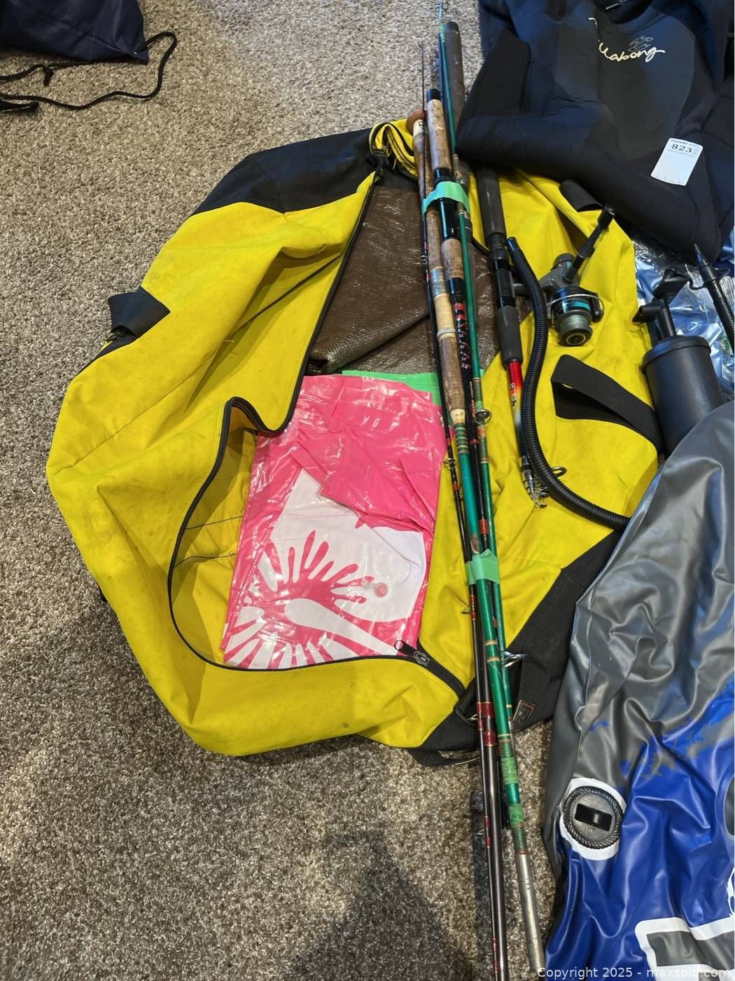 Billabong wetsuit, inflatables, rods, pump | Maxsold