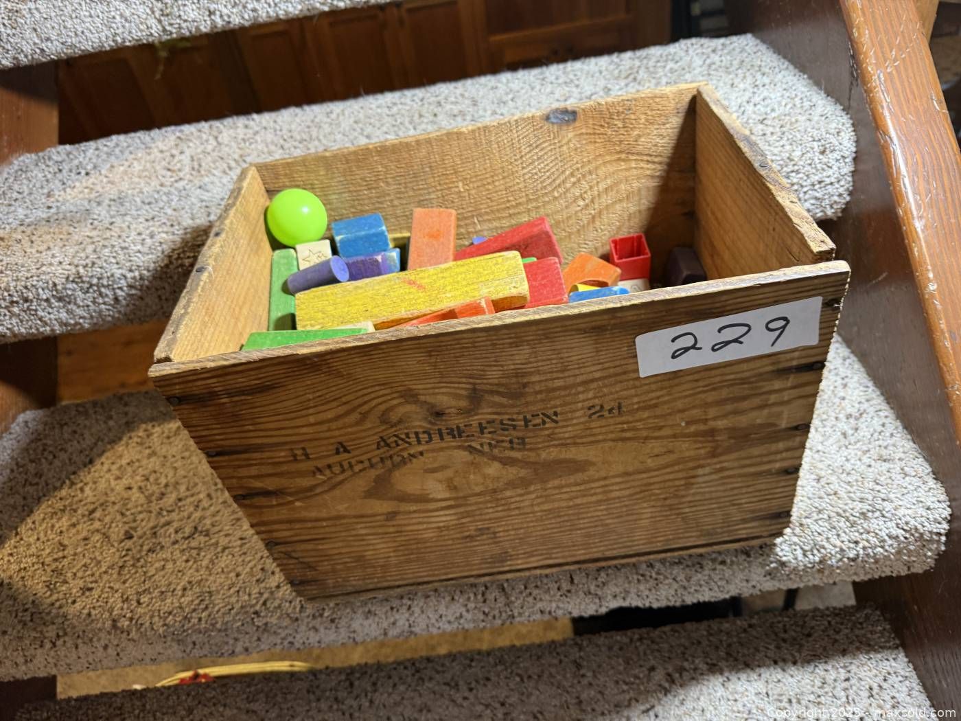 Vintage wood building blocks and Tinker Toy pieces in branded wood box ...