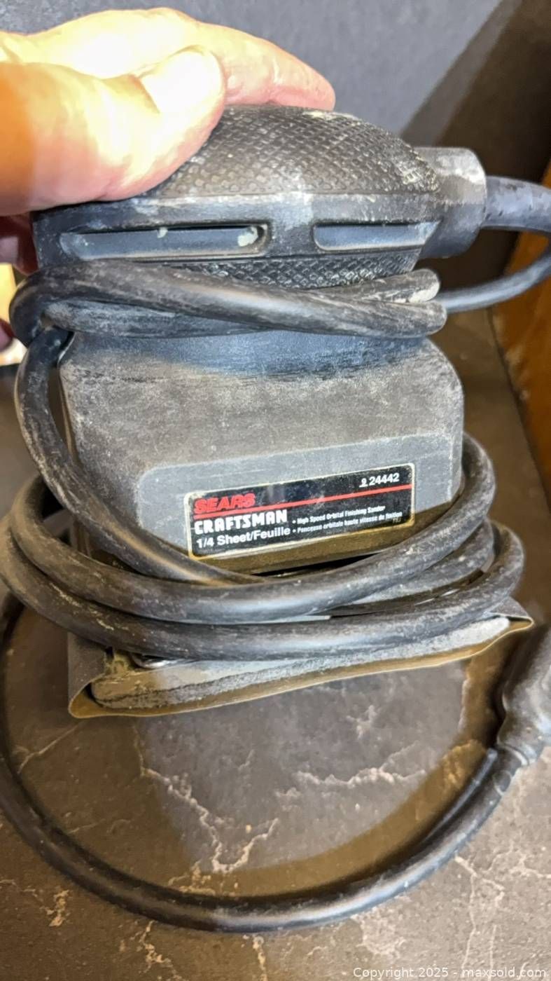 Wood toolbox, electric sander, drill, jumper cables, assorted fasteners ...