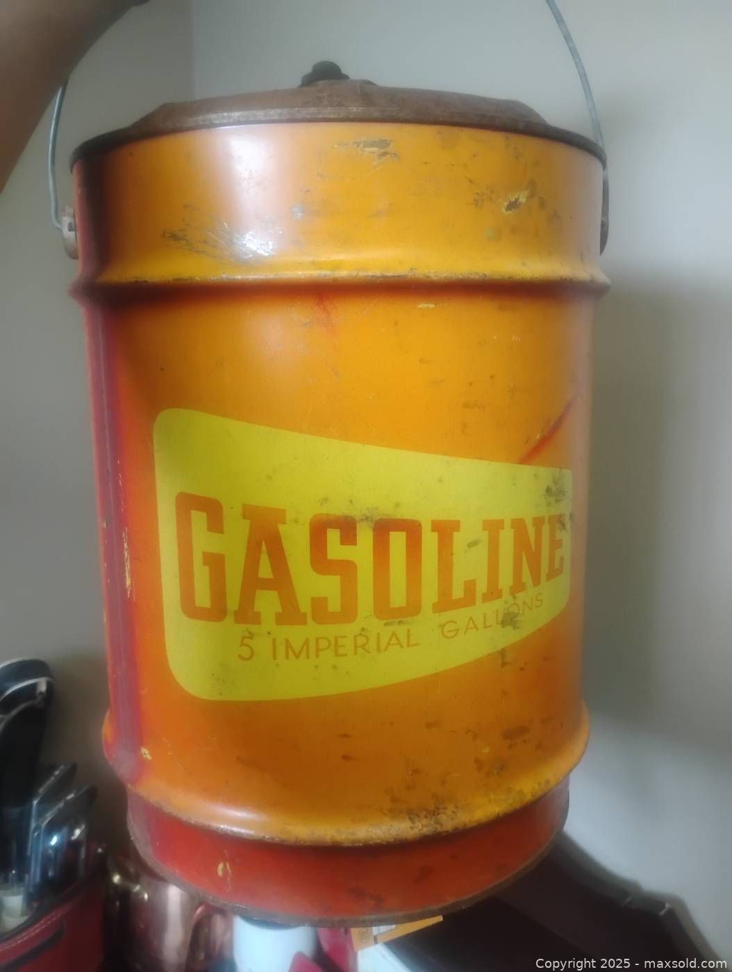 Vintage orange metal gasoline can 5-Imperial-gal | Maxsold