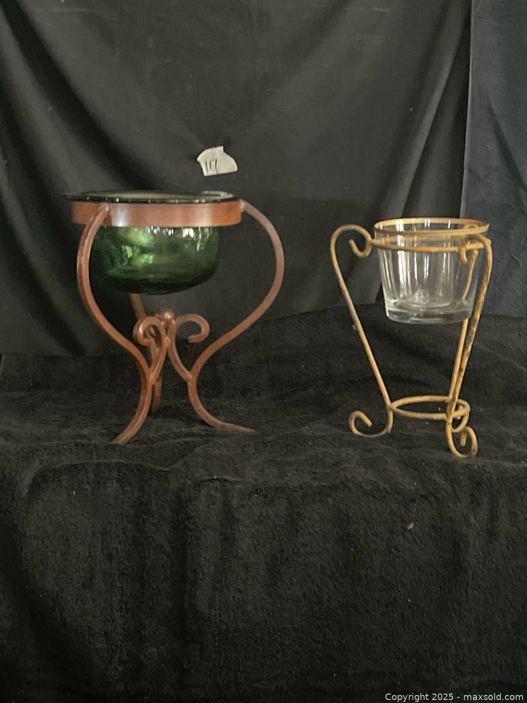 Metal scrollwork stands with glass bowls | Maxsold