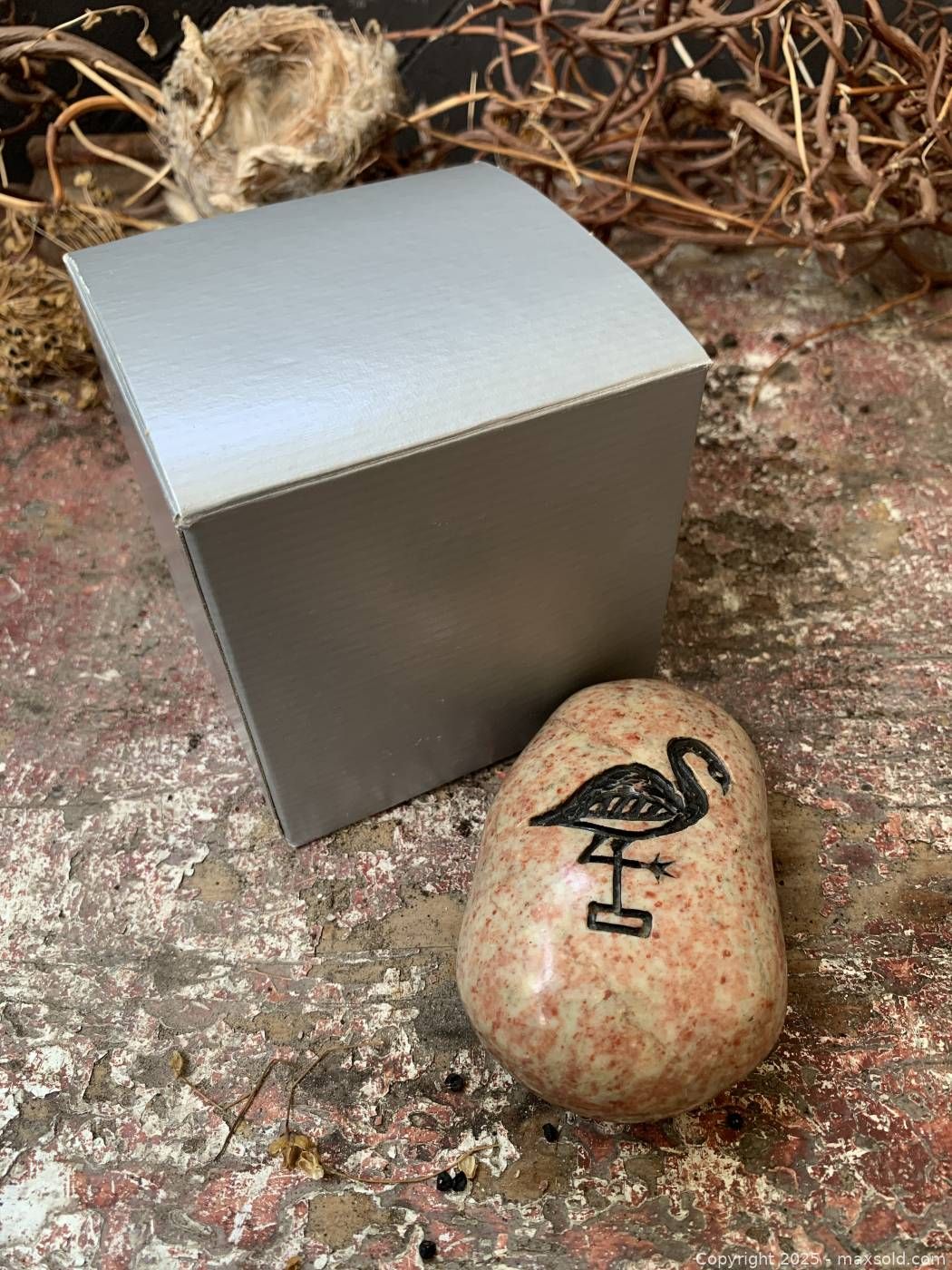 Memory stone with crane image "Grace" in box | Maxsold