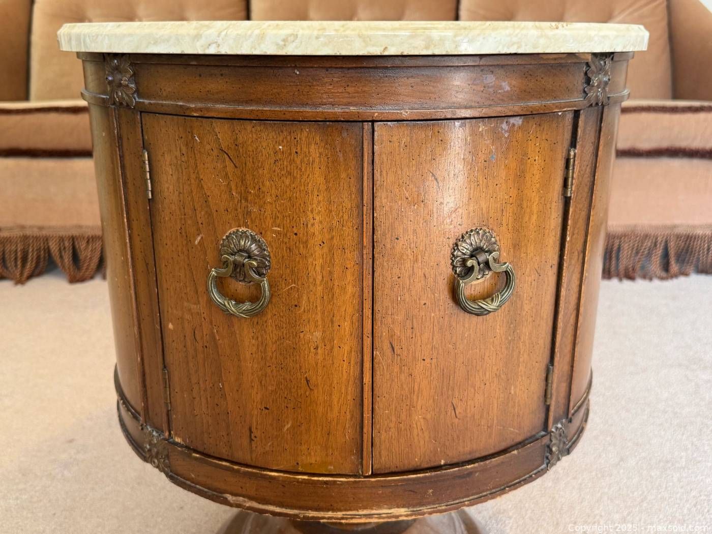 Vintage round drum side table with marble top | Maxsold