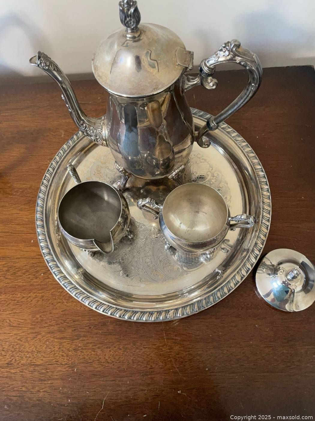 Silver plate coffee pot, 2 teapots, tray, sugar | Maxsold