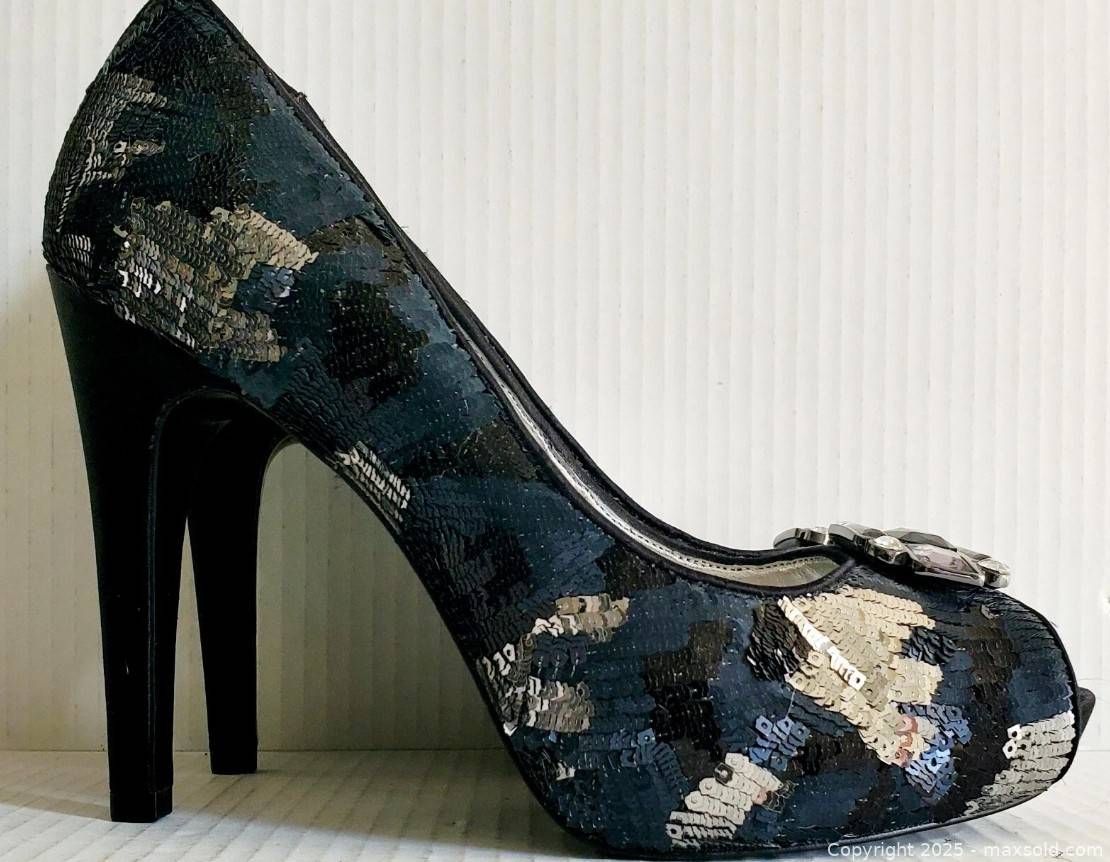 Pair of Nina sequin open-toe heels size 8.5M | Maxsold