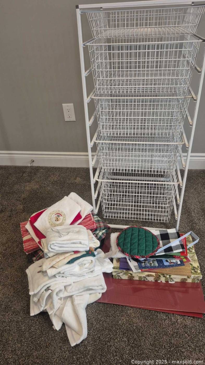 Wire drawer rack, 6 mesh baskets, holiday linens, gift-wrap | Maxsold