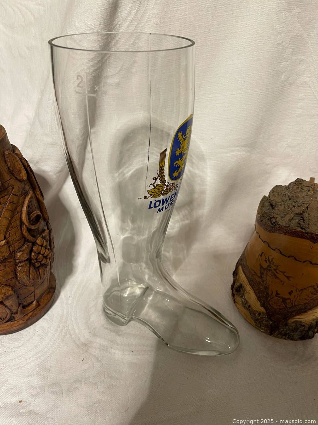 German glass beer boot & 2 wood steins | Maxsold