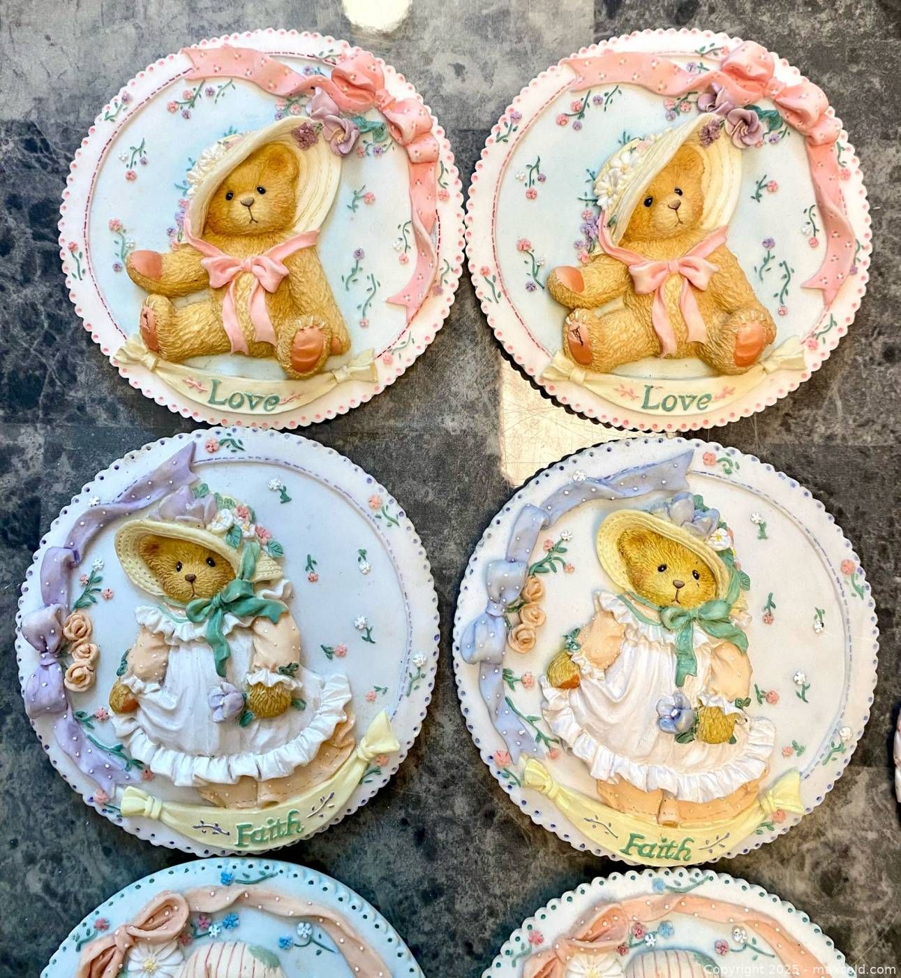 Cherished Teddies round wall plaques and heart ornament, 9 pieces | Maxsold