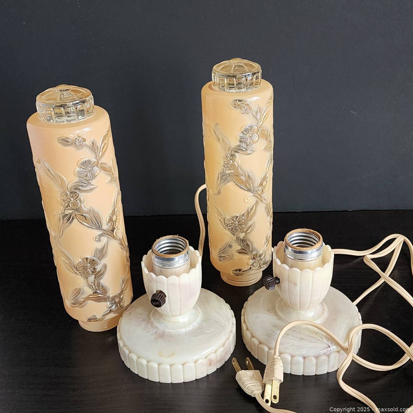 Pair bullet boudoir lamps with floral glass shades | Maxsold