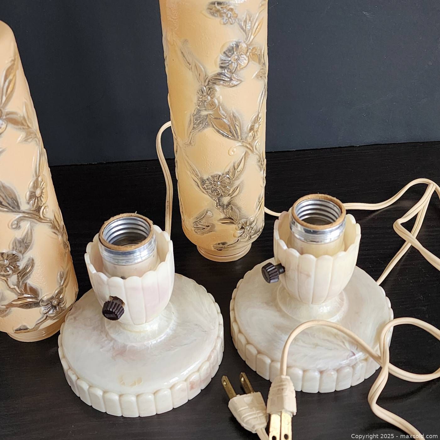 Pair bullet boudoir lamps with floral glass shades | Maxsold