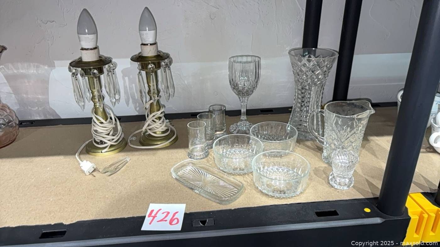 Brass prism candlestick lamps with 12-piece clear pressed glassware ...