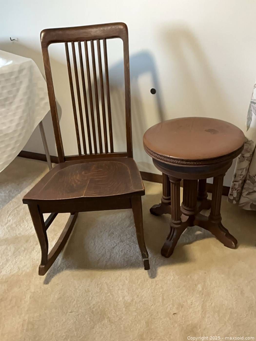 Vintage rocker, round piano stool, tall lamp | Maxsold