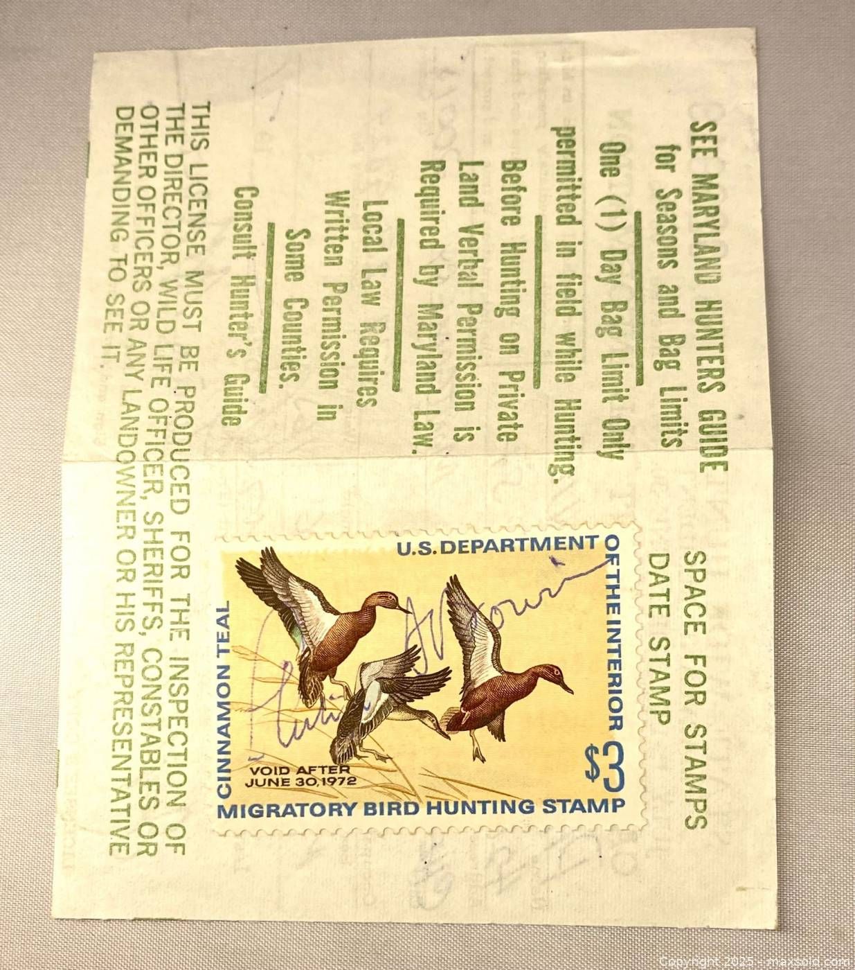 1971 Federal Duck Stamp With Maryland Hunting License | Maxsold