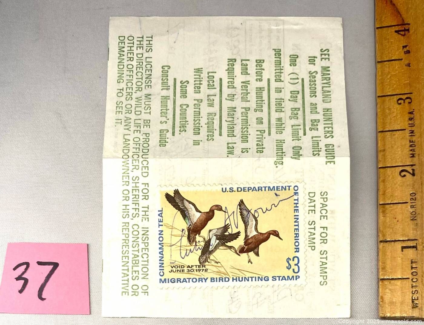 1971 Federal Duck Stamp With Maryland Hunting License | Maxsold