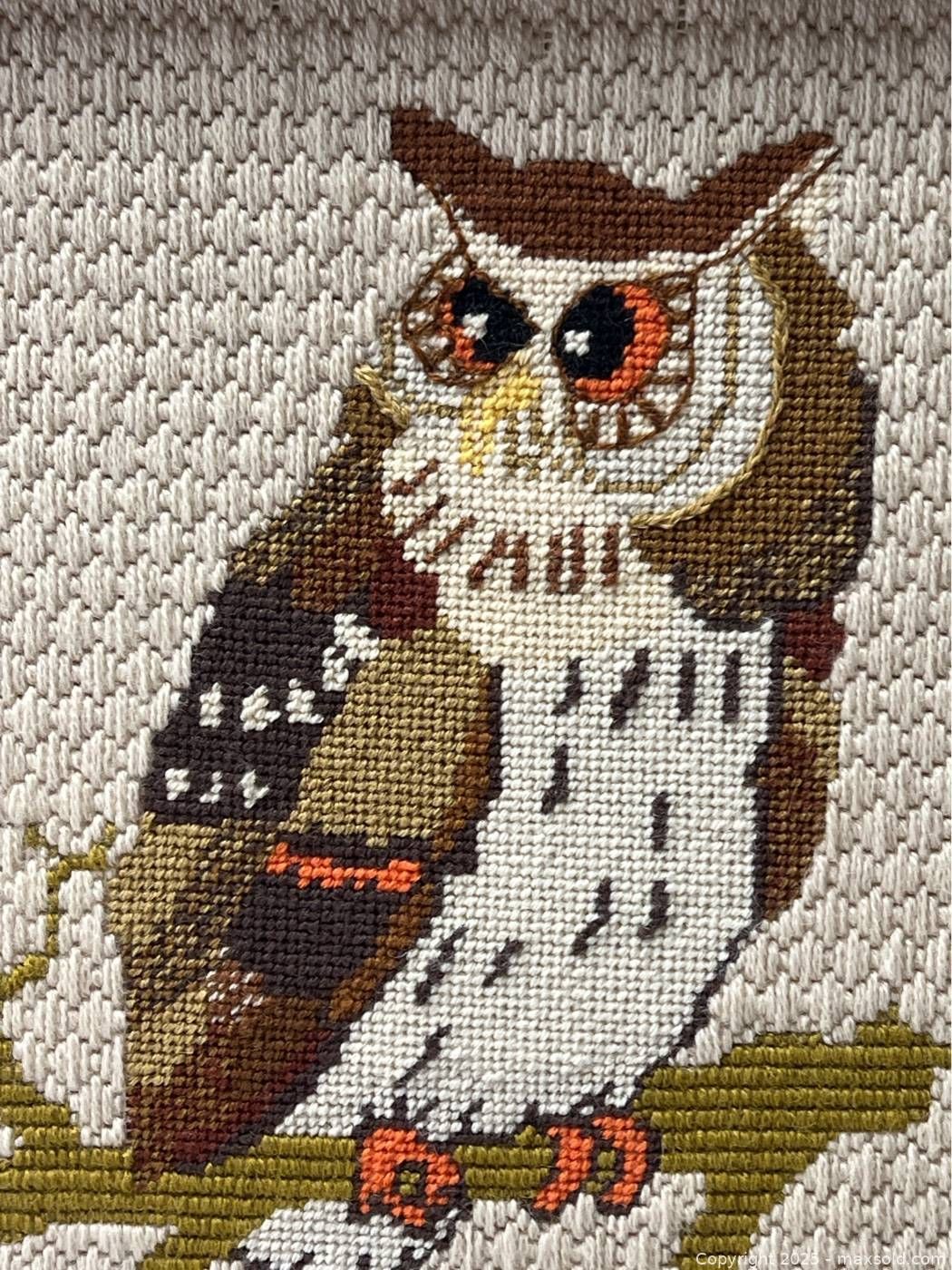 Vintage framed owl needlepoint art | Maxsold