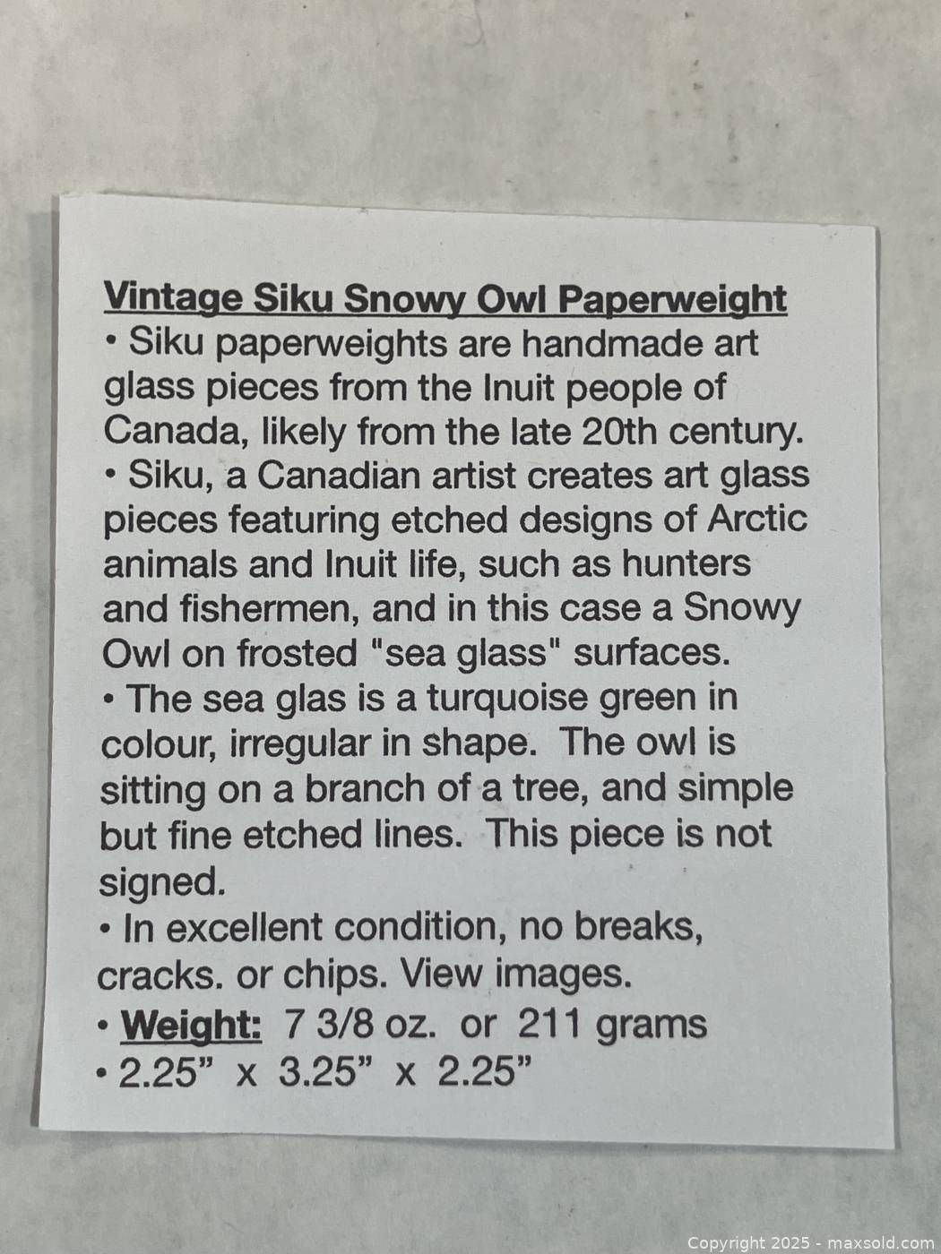 Siku Inuit Turquoise Glass Snowy Owl Paperweight | Maxsold