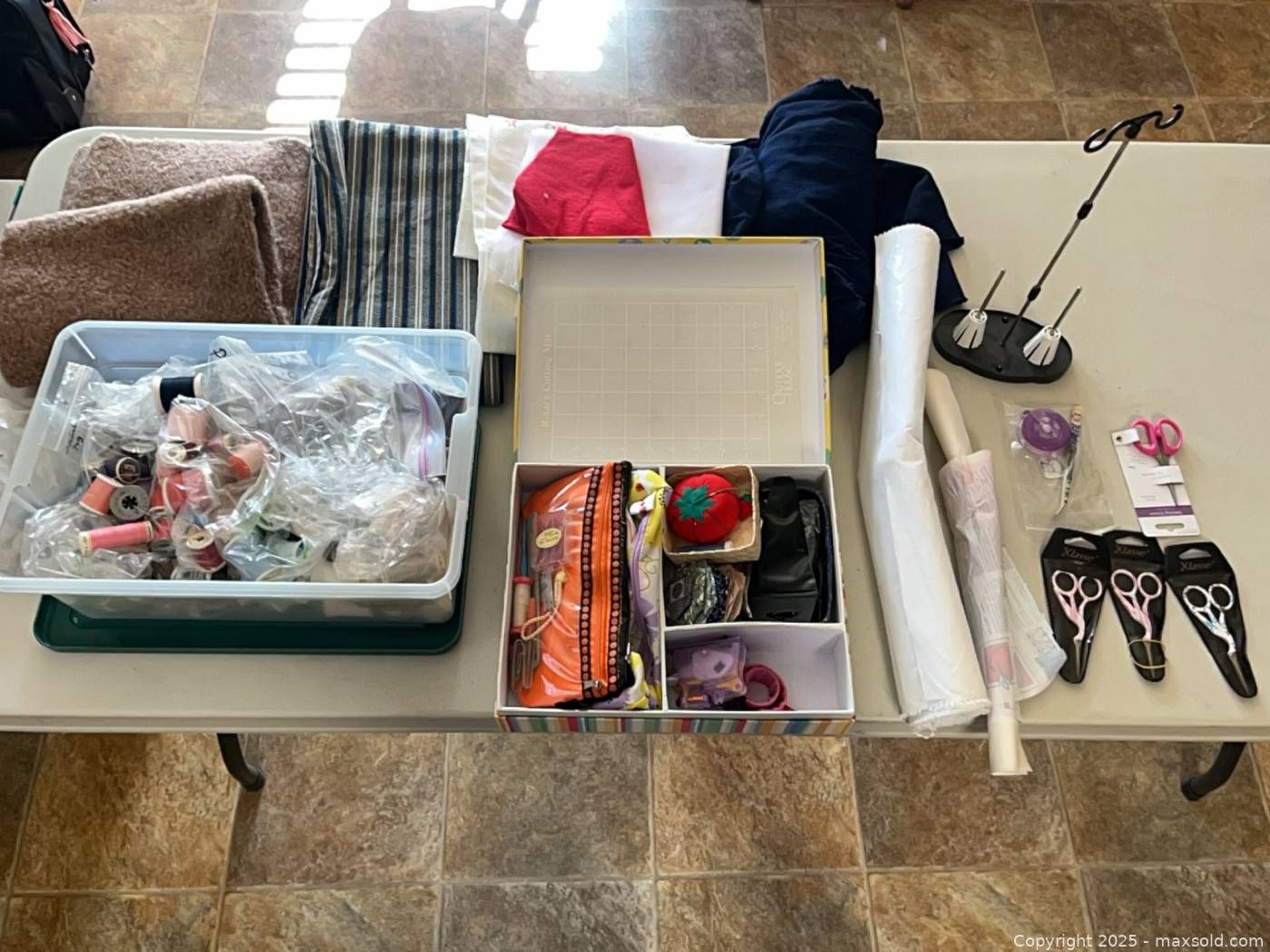 Sewing and quilting supplies lot: fabric, thread spools, notions ...