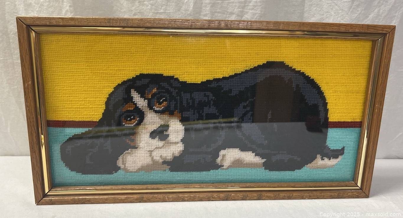 Vintage Framed Needlepoint Dog Portrait | Maxsold
