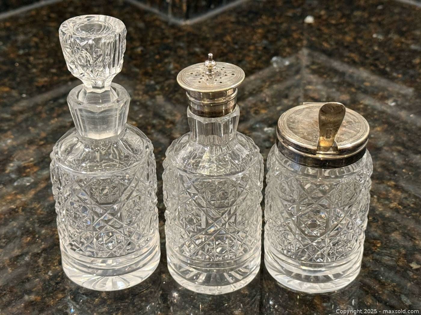 Cut crystal condiment jars with sterling spoon | Maxsold