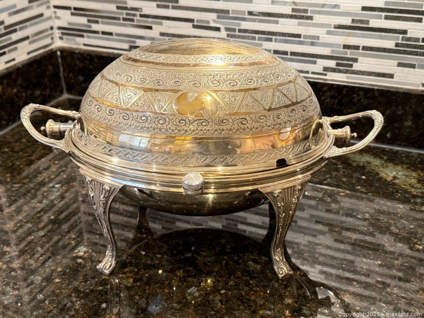 Antique engraved silver plate revolving warming dish | Maxsold