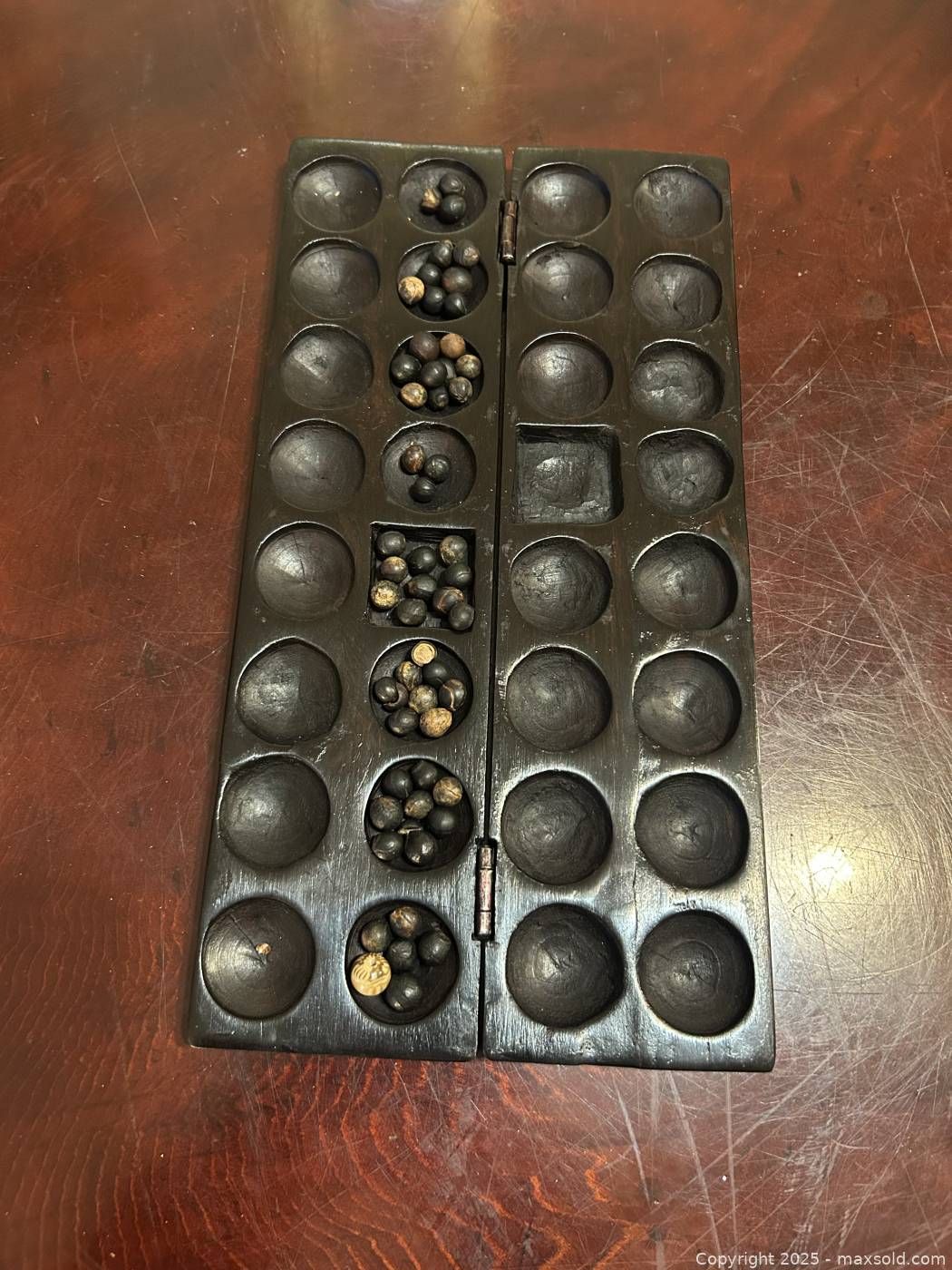 Vintage African carved wood Bao mancala board game with seed pieces ...