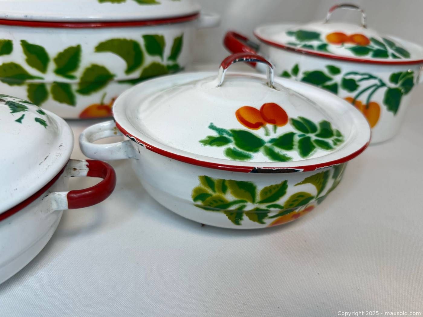 Vintage white enamel cookware set, fruit motif | Maxsold