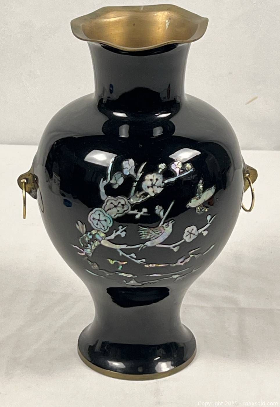 Vintage Lacquered Brass Vase with Shell Inlay | Maxsold