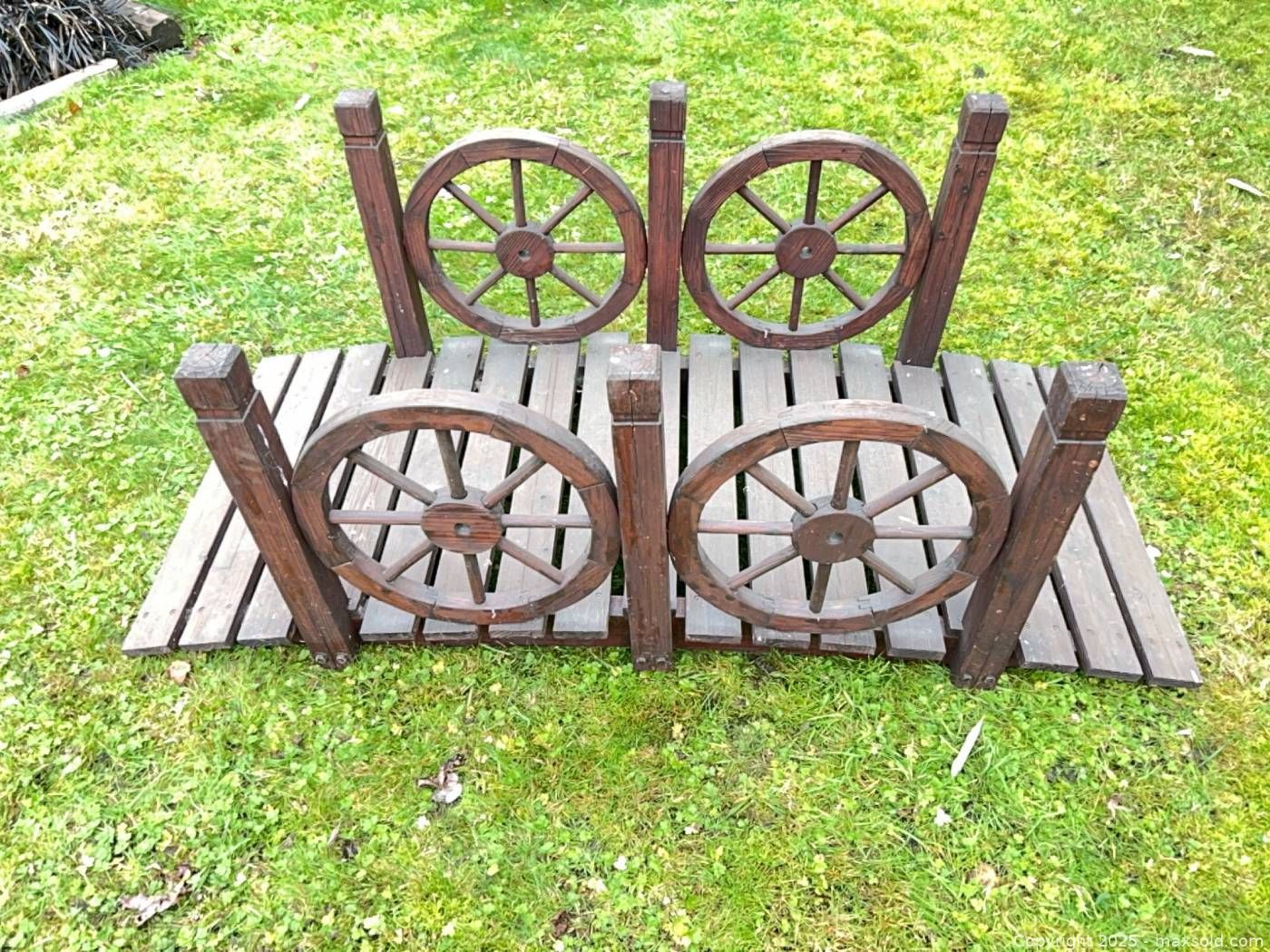 Wooden garden bridge wagon-wheel motif | Maxsold