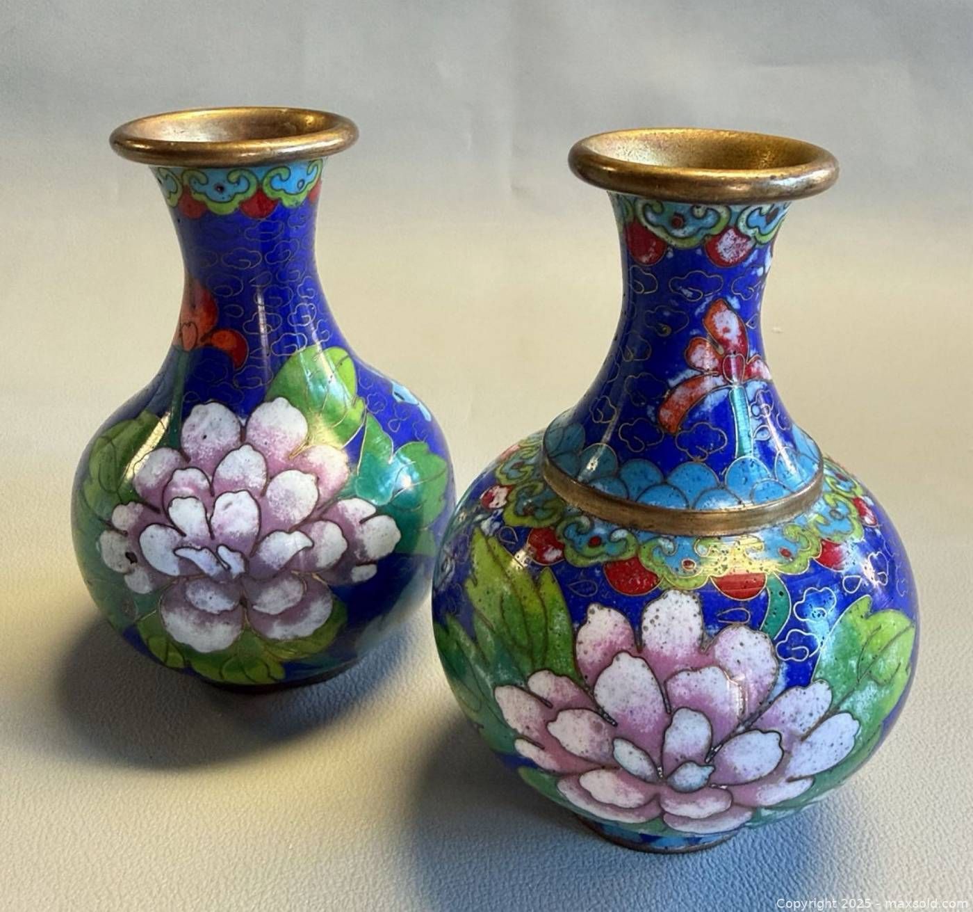 (3) Vintage Asian Cloisonné Vases ( One with base in original box ...